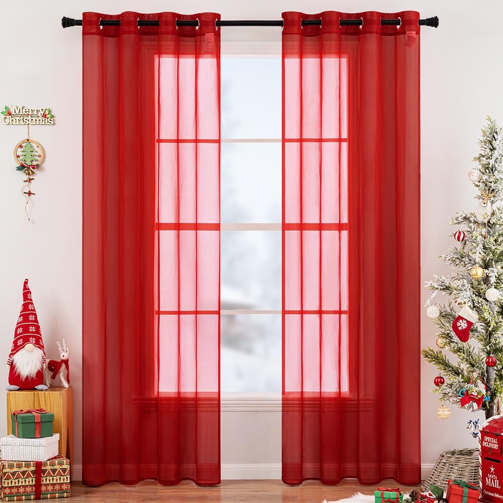 MIULEE 2 Panels Solid Color Red Sheer Curtains 90 Inch Length Set ...