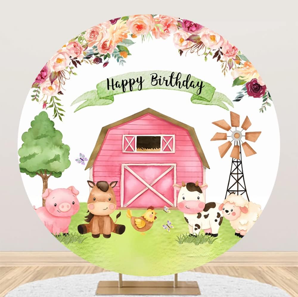Amazon.com : Laeacco 6x6ft Farm Aniamls Happy Birthday Round Backdrop ...