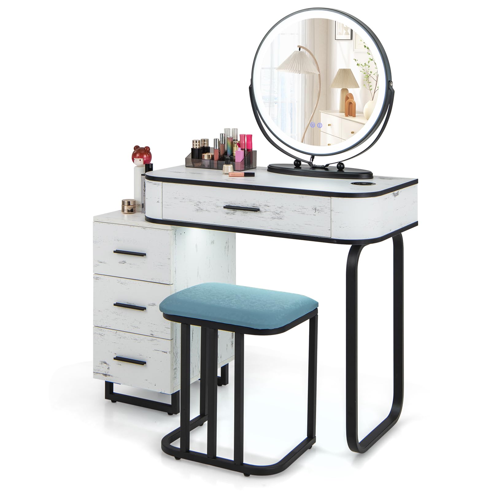 COSTWAY Dressing Table and Stool Set with 3-Color LED Lights Swivel ...