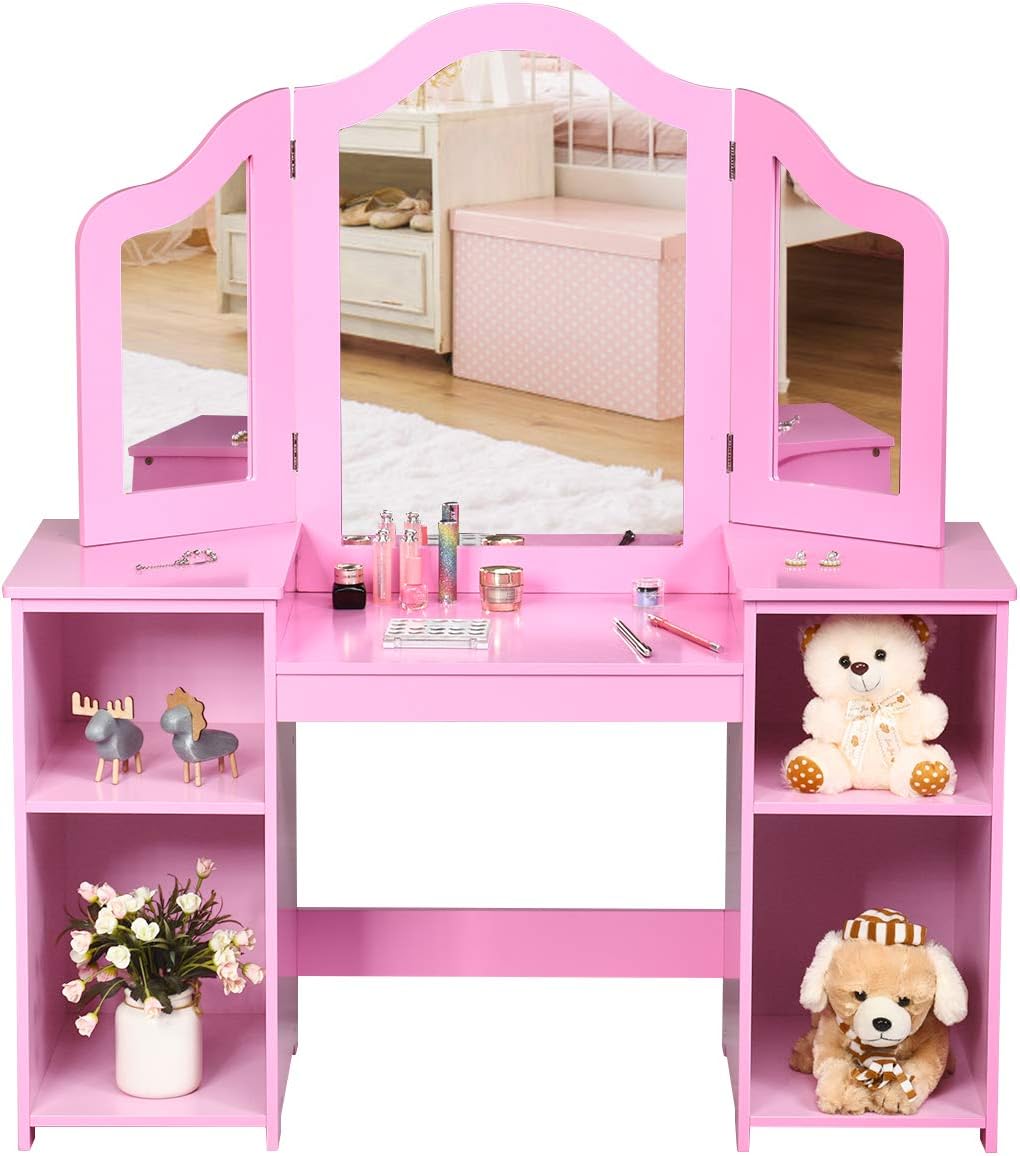 Maxmass Kids Vanity Table and Chair, 2 in 1 Girls Dressing Table Set ...