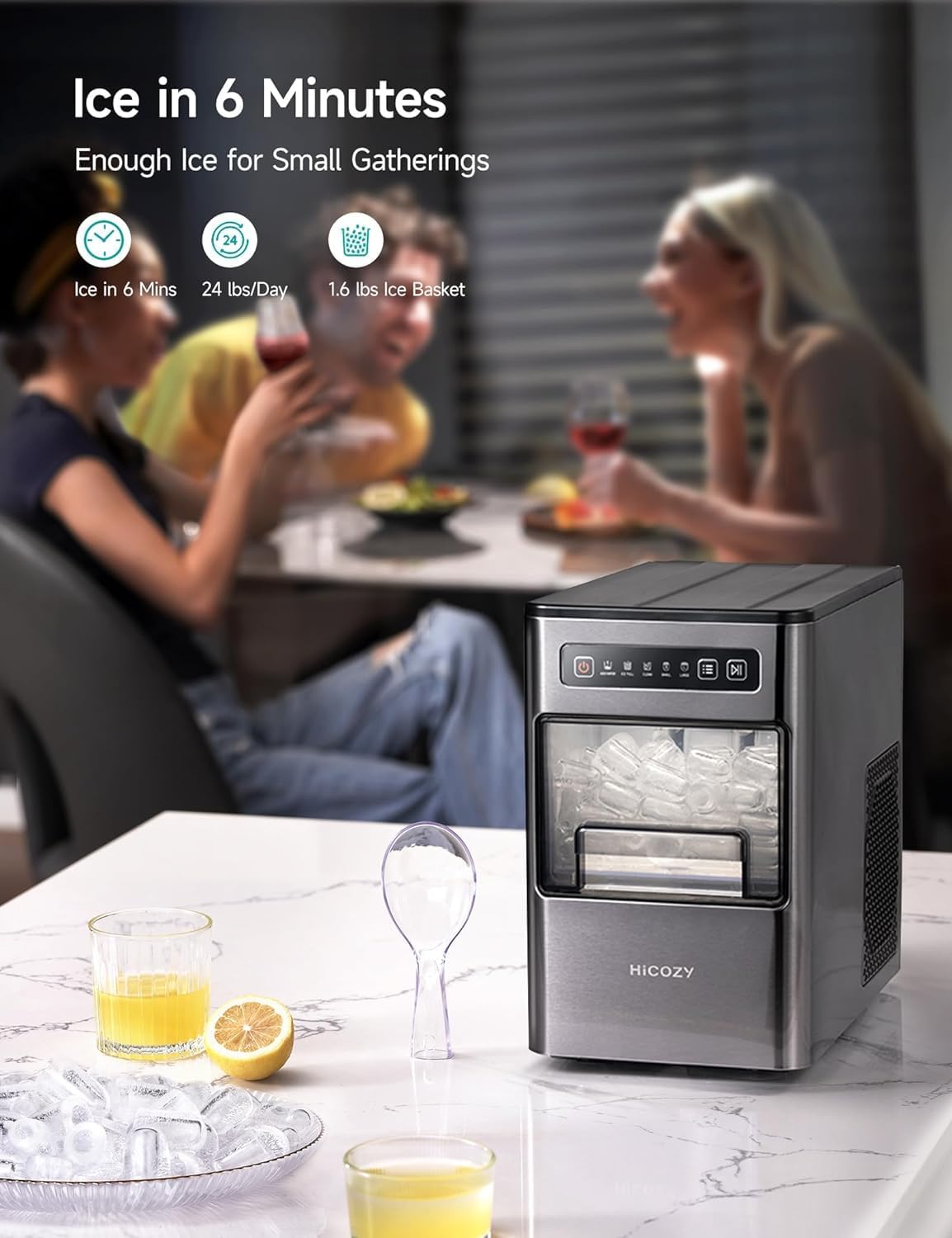 HiCOZY Countertop Ice Maker, Ice in 6 Mins, 24 lbs/Day, Portable ...