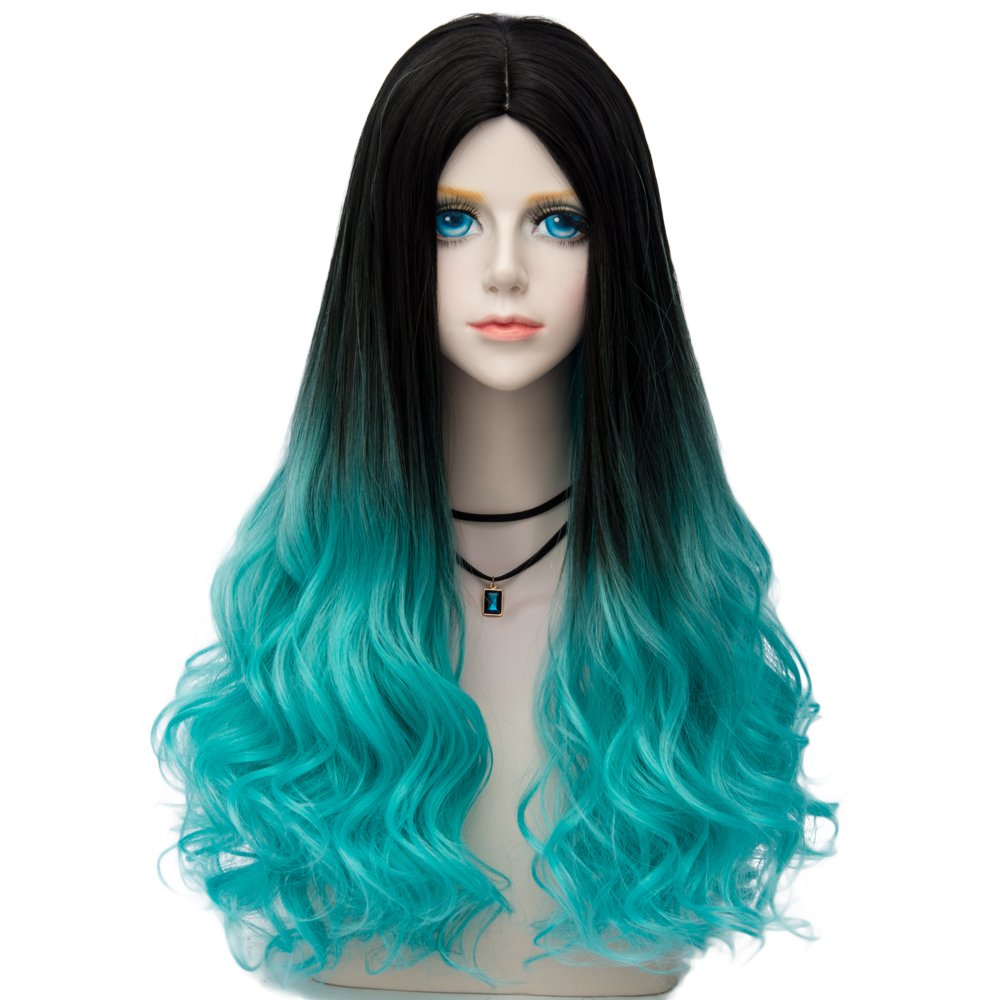 Amazon.com : Probeauty Two Tone Black with Turquoise Blue Curly Wigs ...