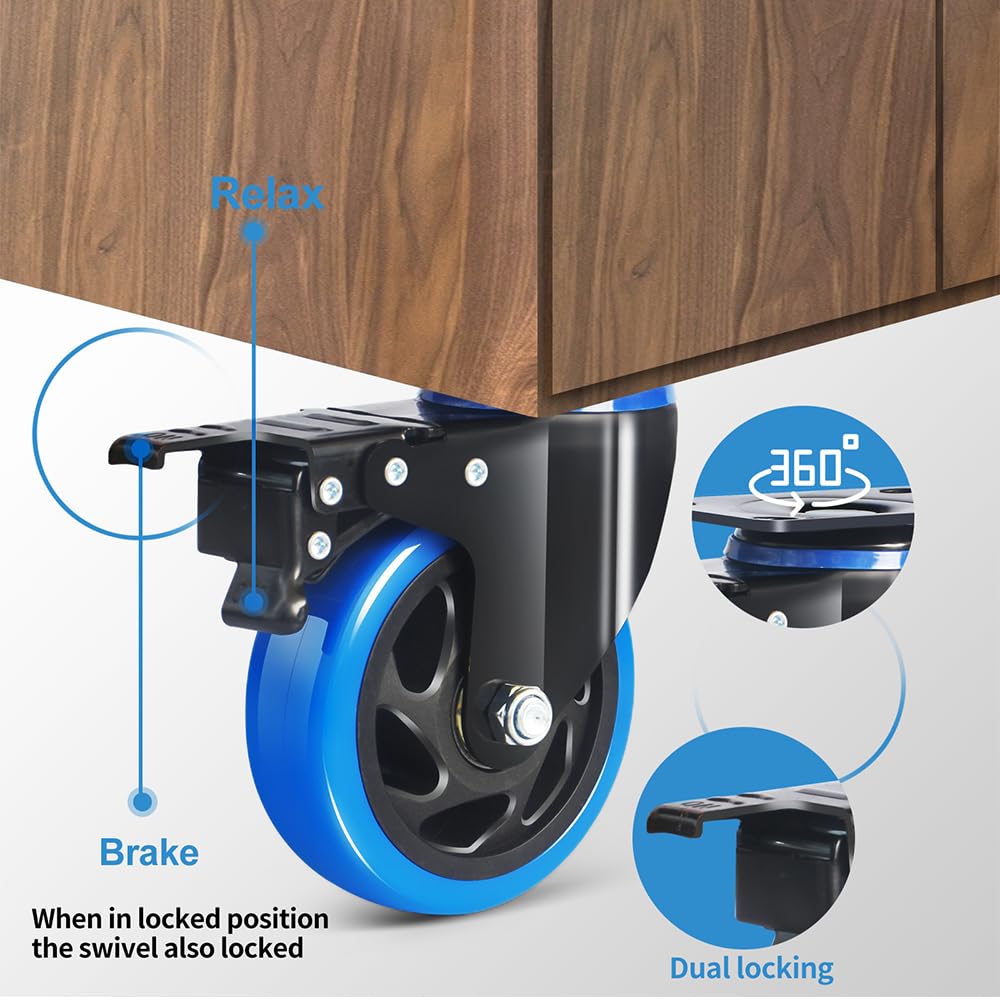 Snapklik.com : 5 Inch Caster Wheels 2400lbs, Hands-Free A/B Brake ...