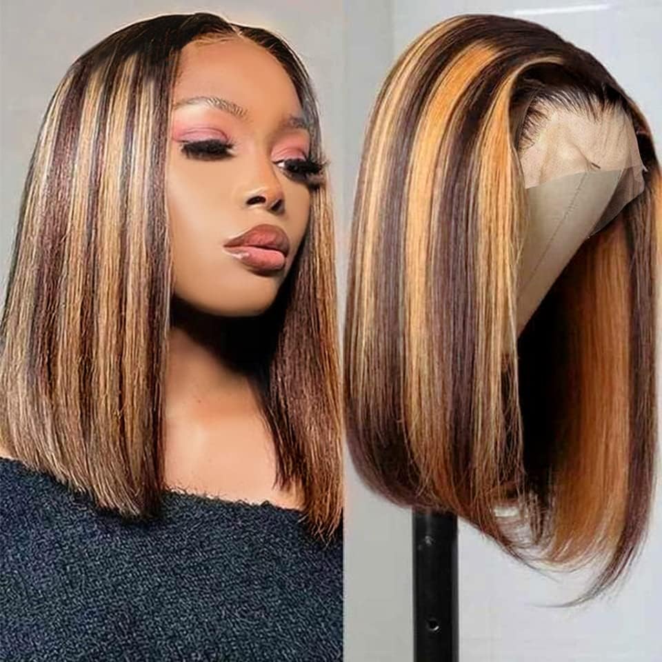 Amazon.com : Tendersse Highlight Bob Wig Human Hair 13x4x1 T Part Lace ...