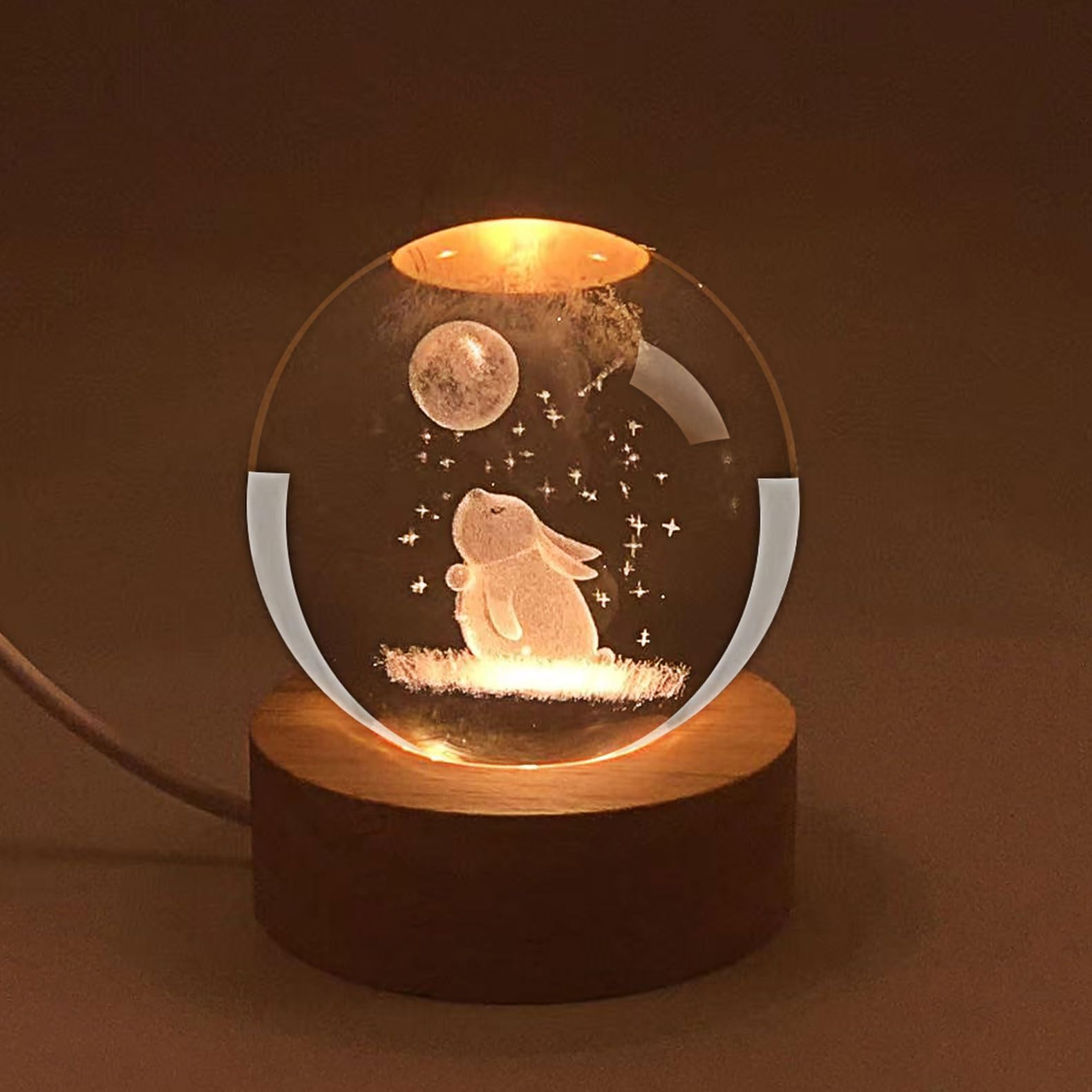 3D Moon Rabbit Crystal Ball Plug in Night Light,60mm Animal Glass Ball ...