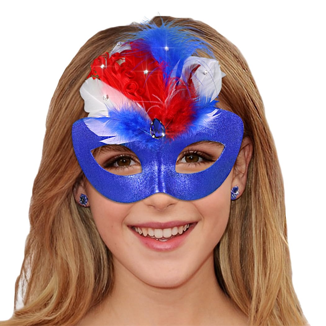 BODIY Mardi Gras Masquerade Mask Blue Feather Mask Crystal Half Mask ...