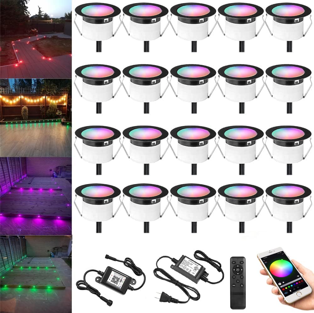 GEYUEYA Home Deck Light RGBW, Φ1.22 RGB/Warm White Light WiFi Control, LED Deck Lights Kit Low ...