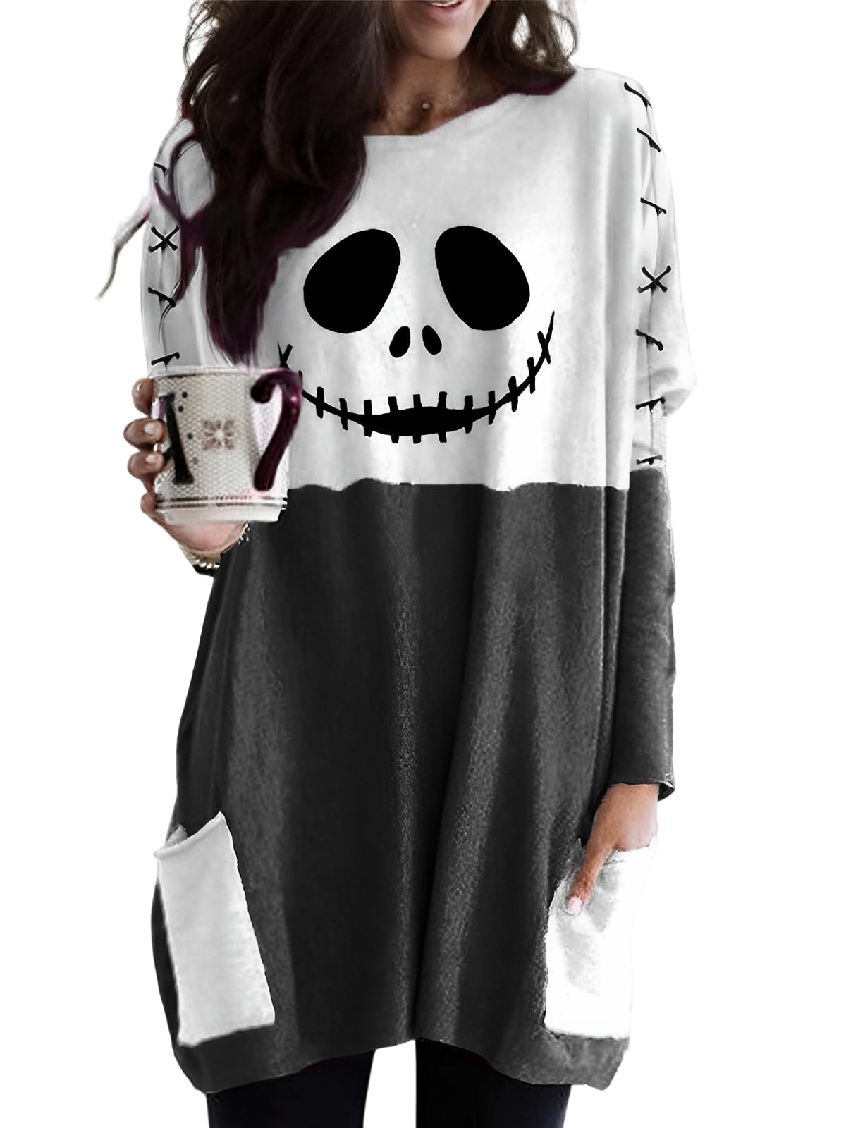 Novelty Patchwork Christmas Shirt for Women, Long Sleeve Xmas Pajamas ...