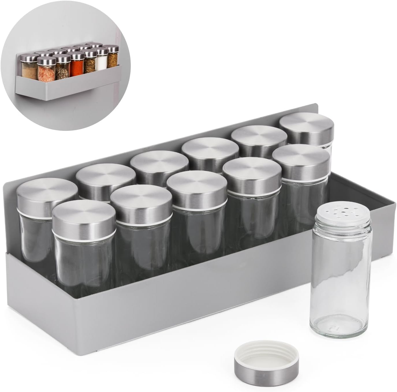 Amazon.com: 12Pack Glass Spice Jars with Magnetic Spice Rack，Spice ...