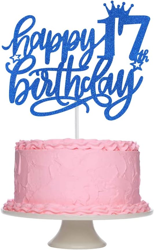 Fechy Happy 17th Birthday Cake Topper Blue Glitter for Hello 17,Cheers ...