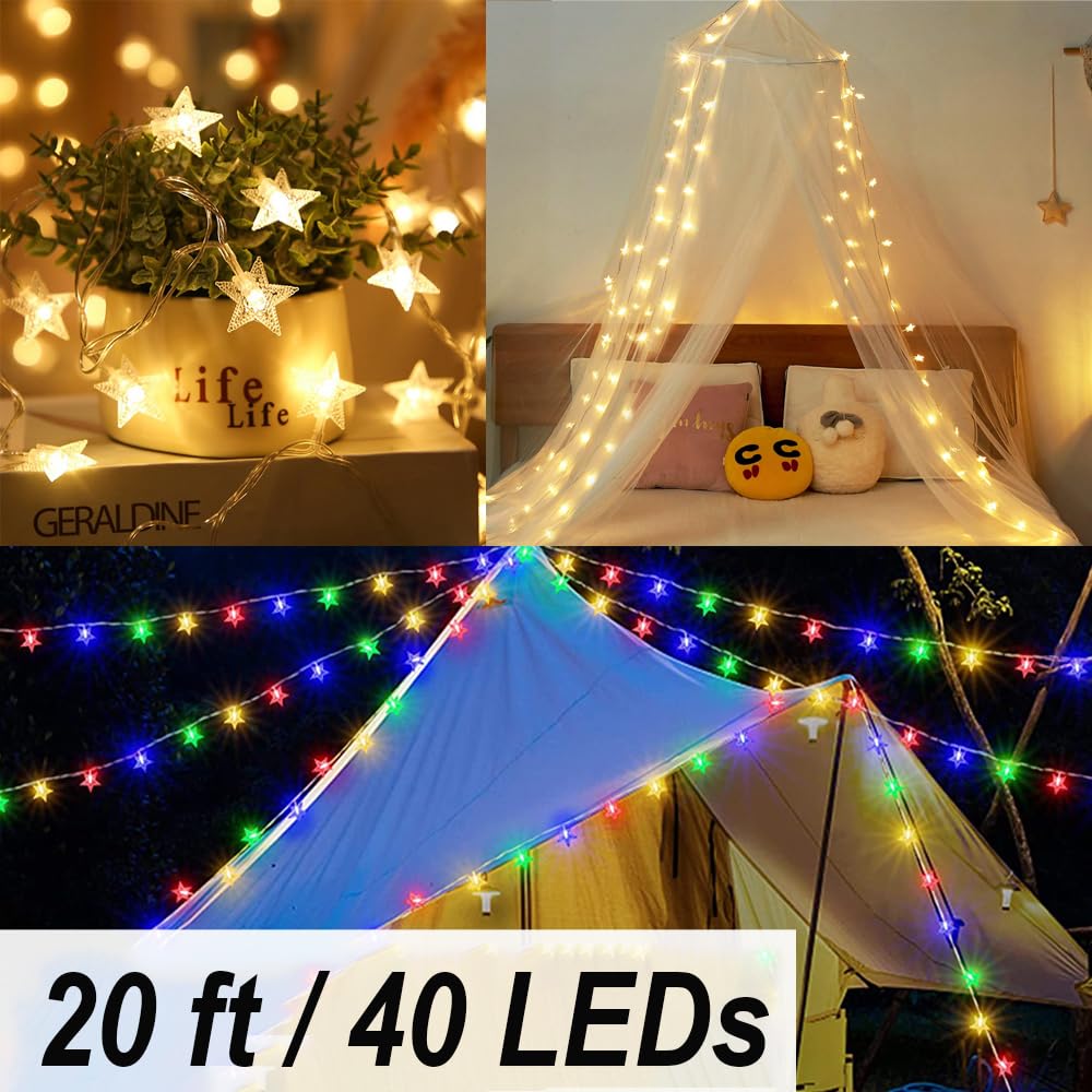 Snapklik.com : 20ft Star String Lights Battery Operated 40 LEDs, Warm ...