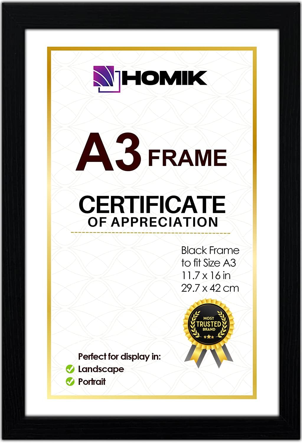 A3 Black Wooden Picture Frame 11.7 x 16.5 Inch (29.7 x 42cm) Acrylic ...