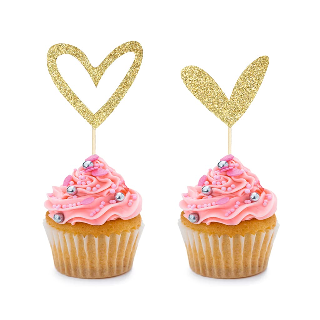 Buy 24 PCS Gold Glitter Heart Cute Design Love Cupcake Toppers for ...