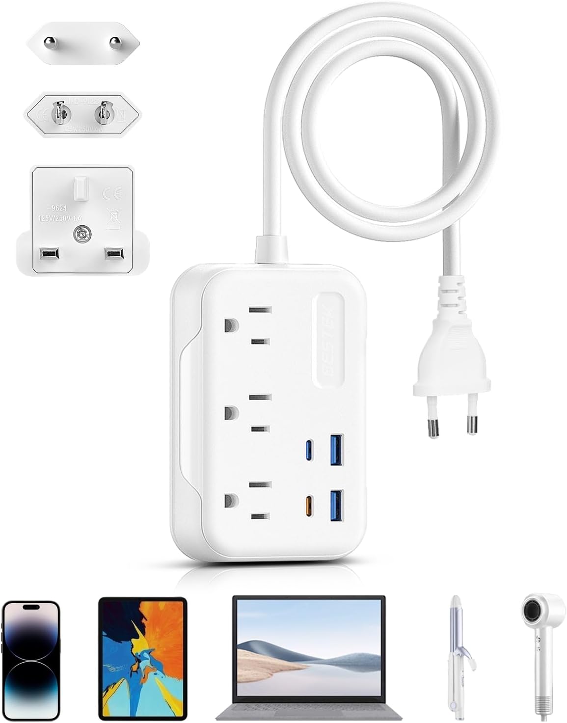 Amazon.com: European Travel Plug Adapter, FOVAL EU UK US Power Strip ...