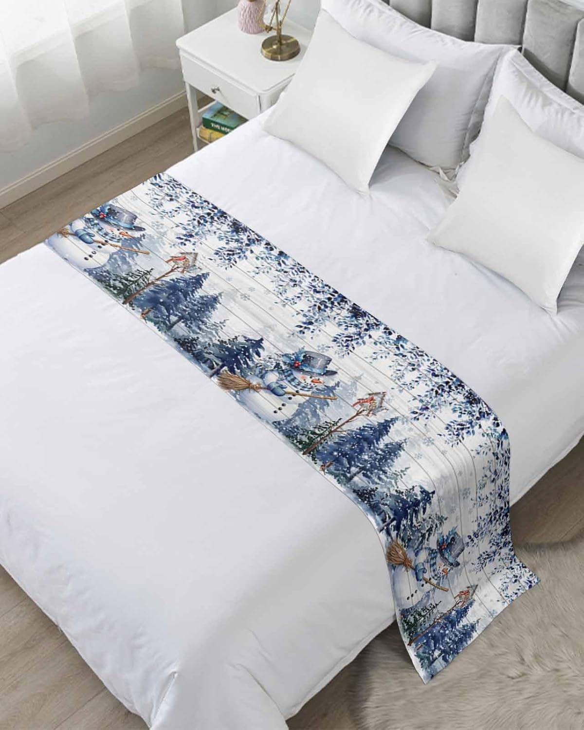 Amazon.com: Blue Christmas Bed Runner Scarf Cal King Size, Snowman Eucalyptus Leaves Luxury Bed ...