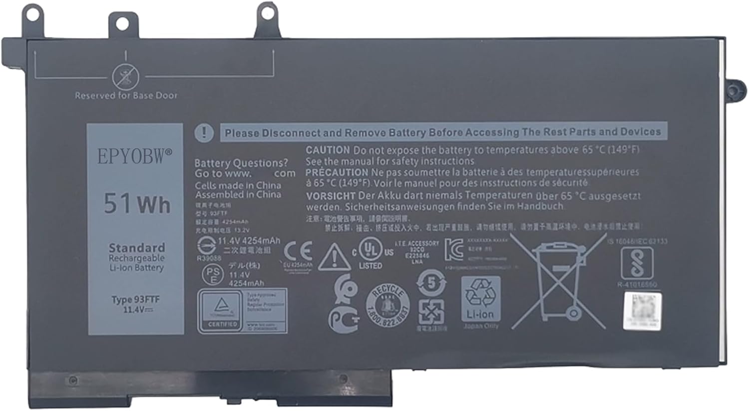 Amazon.com: EPYOBW 93FTF Laptop Battery 51Wh Compatible with Dell ...