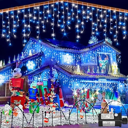 33ft Icicle Lights for Outside, Blue and White Christmas Lights Outdoor ...