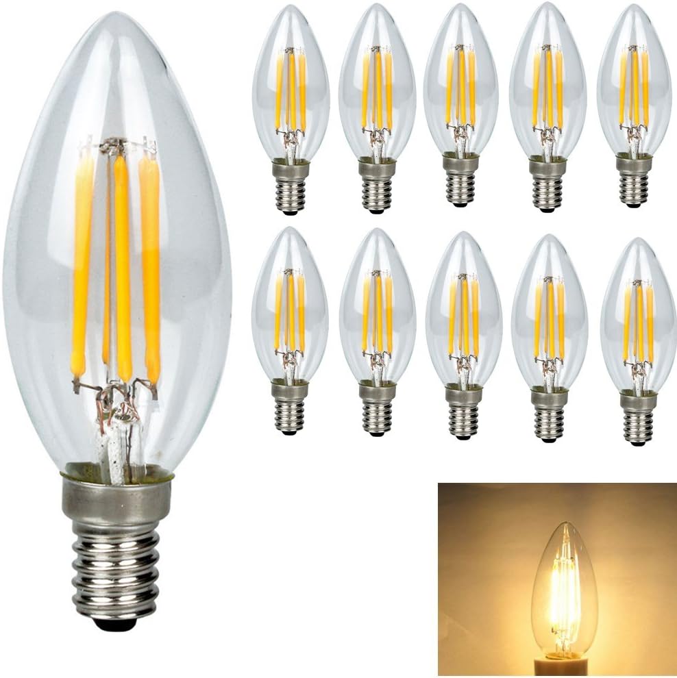 10 Pack 4 Watt E14 Filament LED Bulbs 450LM Equivalent 40W Candle Light ...