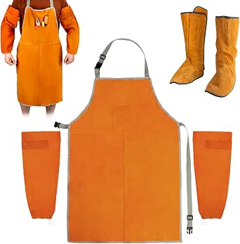 QWORK Leather Welding Apron & Sleeves & Fireproof Shoe Leg Cover, Heat ...