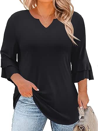 Amazon.com: TFSDOD Plus Size Tops for Women V Neck 3/4 Sleeve Dressy ...