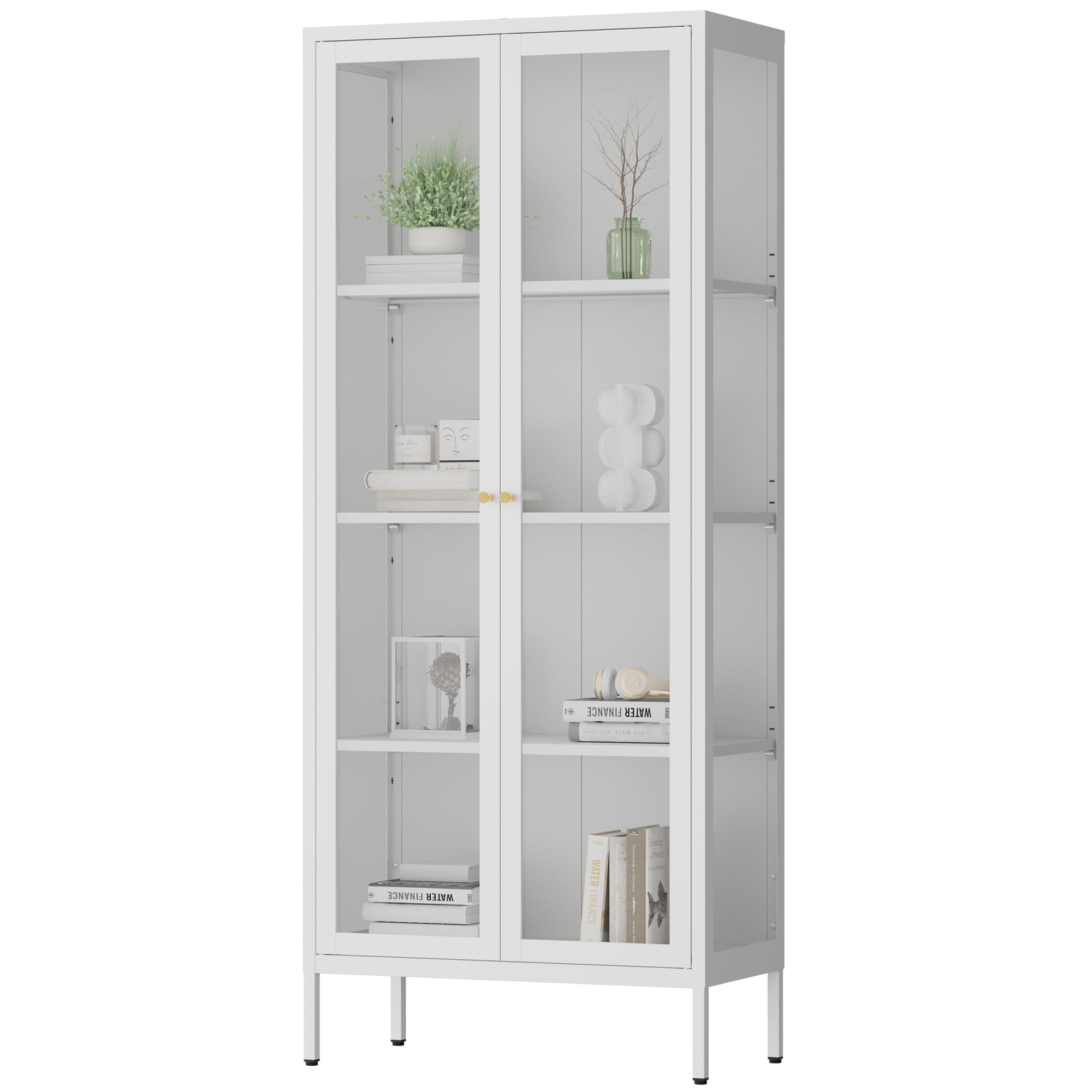 Amazon.com: Polup Glass Display Cabinet with Doors and Shelves, White ...