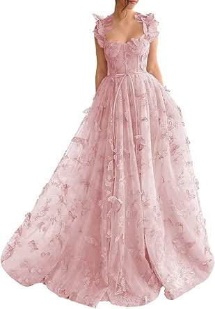 Amazon.com: KJDERWEI Women 3D Butterflies Prom Dresses Long Lace ...