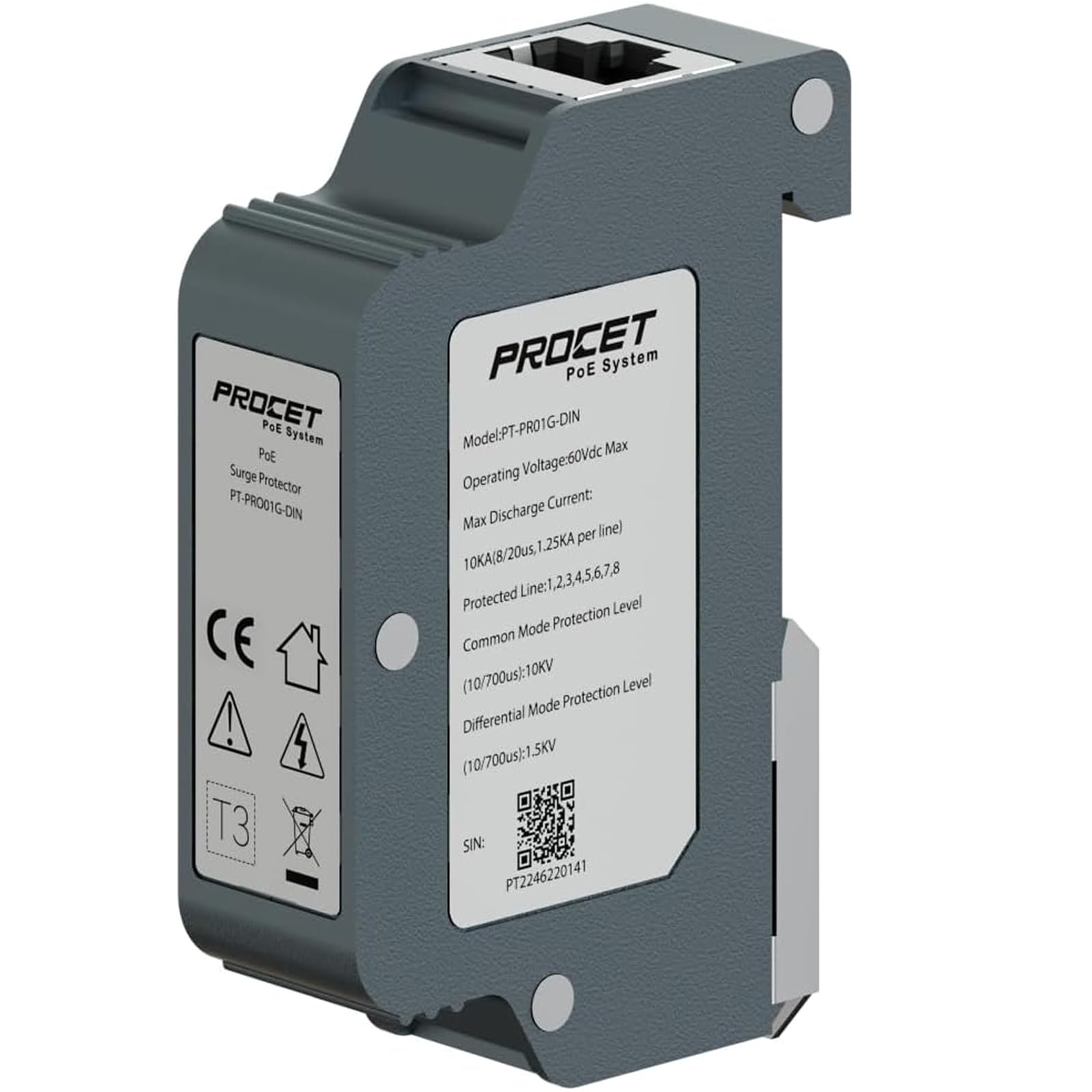 Amazon.com: PROCET 10KV DIN Rail PoE Surge Protector IEEE802.3bt/PoE++ ...