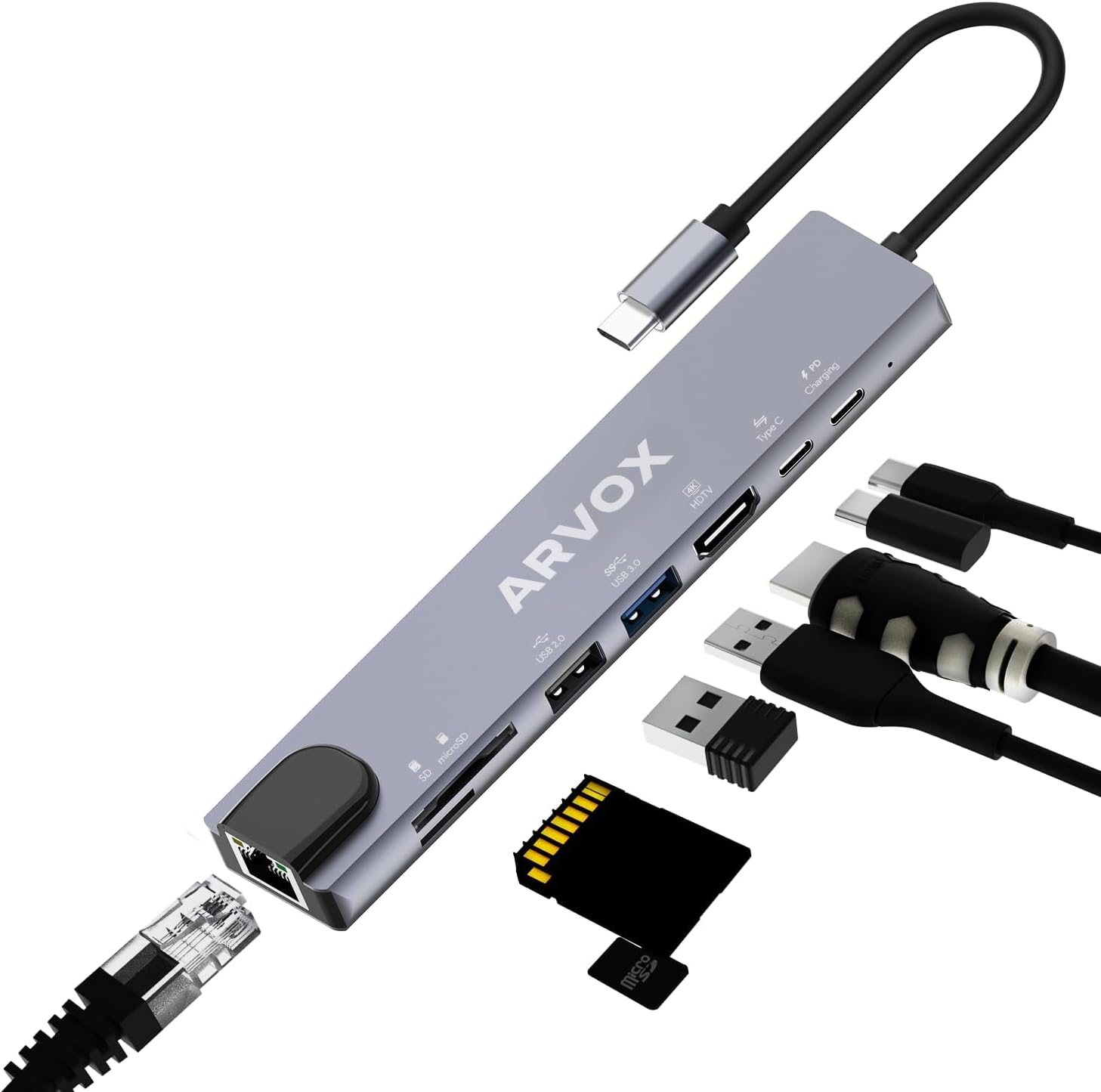 ARVOX USB-C Hub Dock 8-in-1 Aluminium Type-C Adapter with 4K HDMI Port, Ethernet 100mbps Port ...