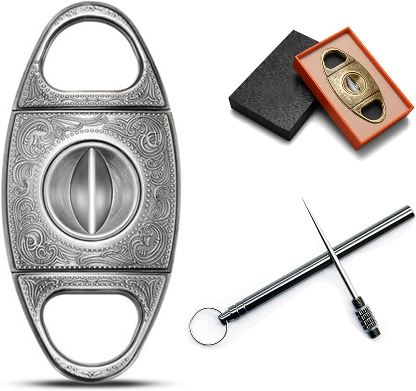 Amazon.com: Cigar Cutter Set 2 Piece V-Cut Silver Guillotine and Black ...