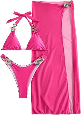 Amazon.com: 3Pcs Crystal Bathing Suit with Sarong Womens Sexy Sparkly ...