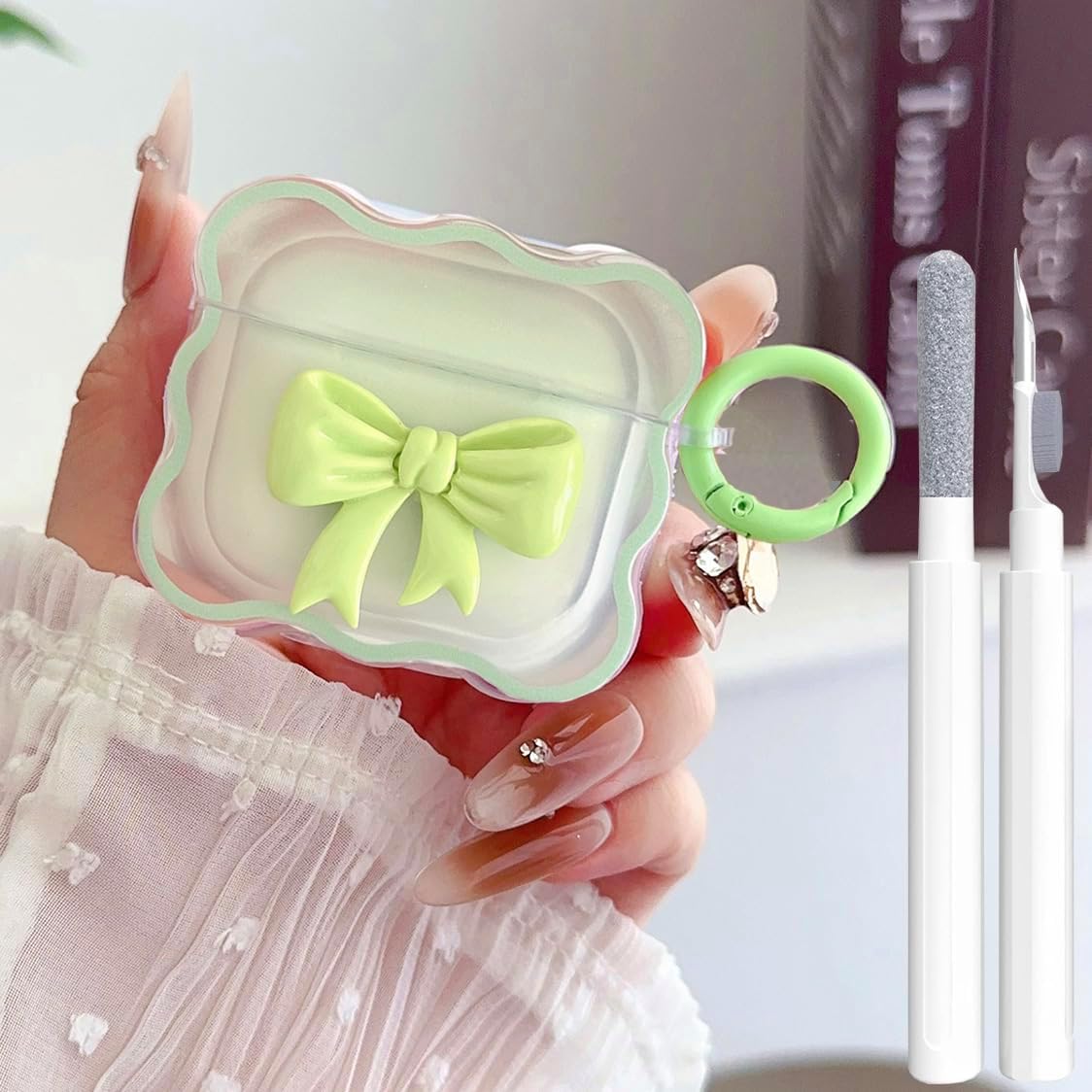 Amazon.com: Cute AirPods 4 Clear Case Grass Green, Girly 3D Bow Design ...