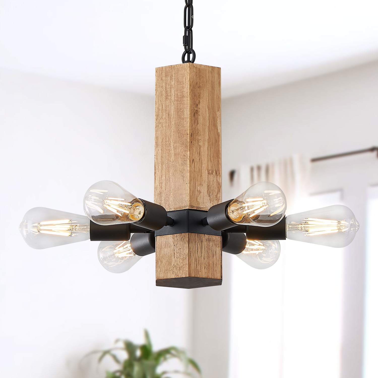 6-Light Wood Chandeliers Black Farmhouse 12'' Hanging Pendant ...