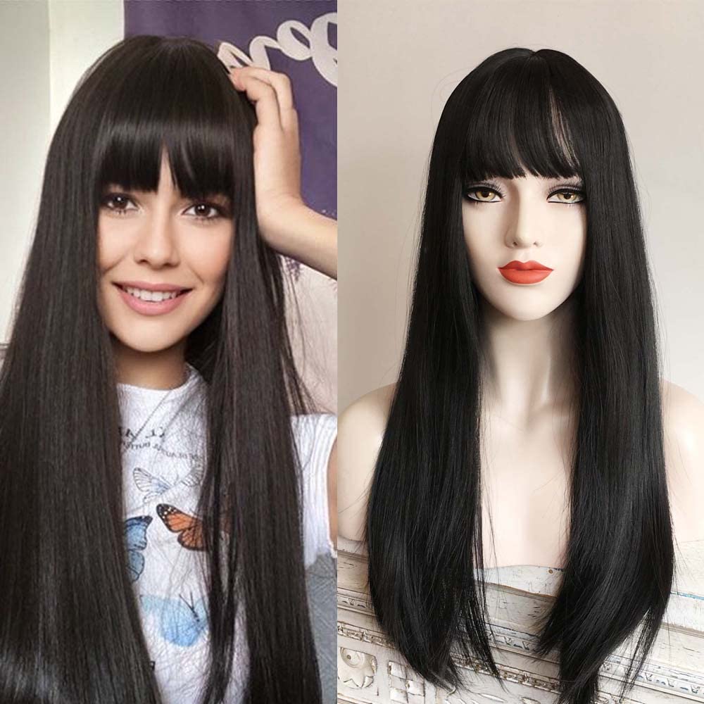 Amazon.com : nevermindyrhead Natural Black Long Straight Fringe Bangs ...
