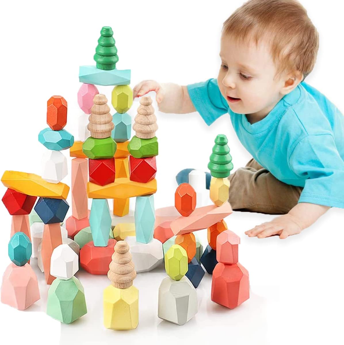 JACKEYLOVE 36 PCs Wooden Sorting Stacking Rocks Balancing Stones ...