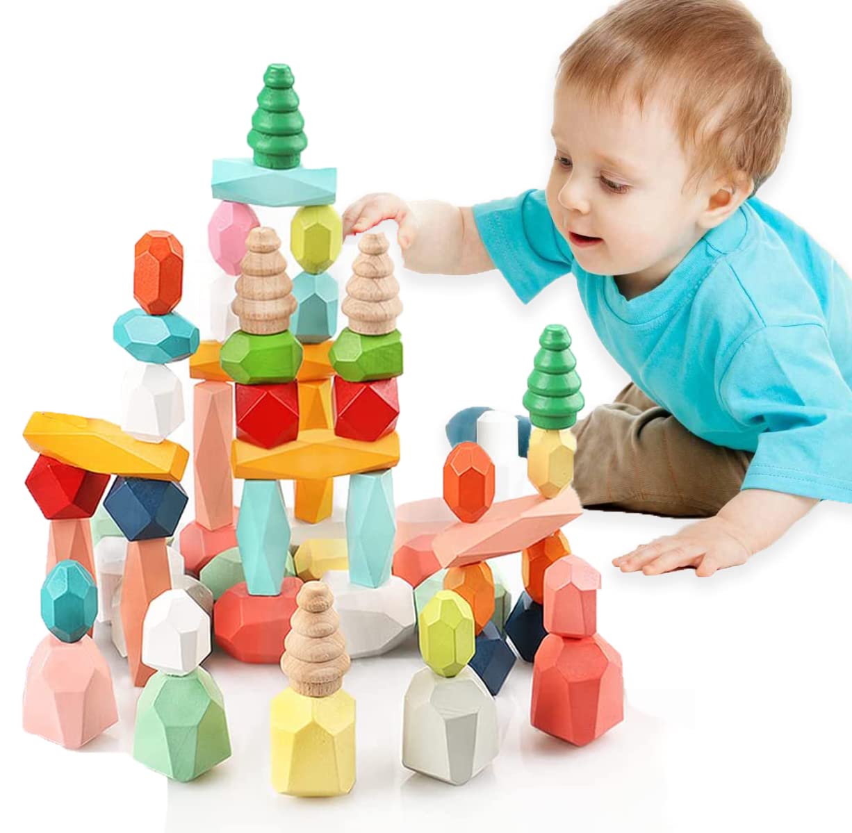 JACKEYLOVE 36 PCs Wooden Sorting Stacking Rocks Balancing Stones ...