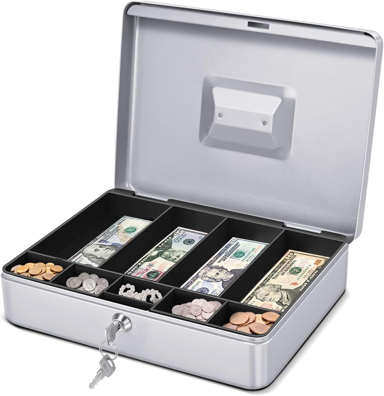 Amazon.com: Flexzion Cash Box with Money Tray and Lock - Metal Cash Box ...