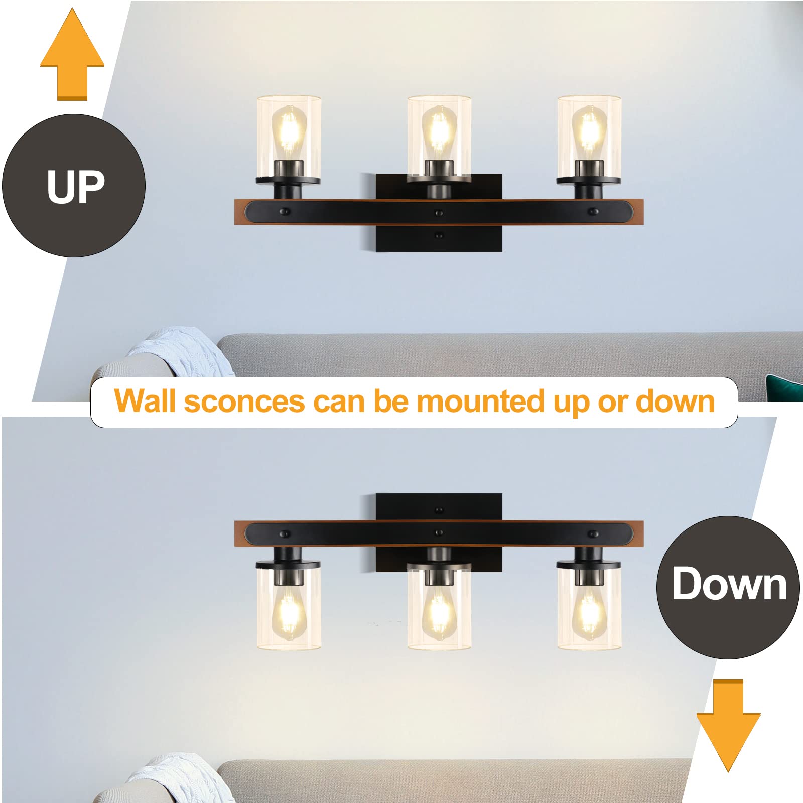 3-Lights Bathroom Vanity Light Wood Wall Light Fixtures - Wood Bathroom ...