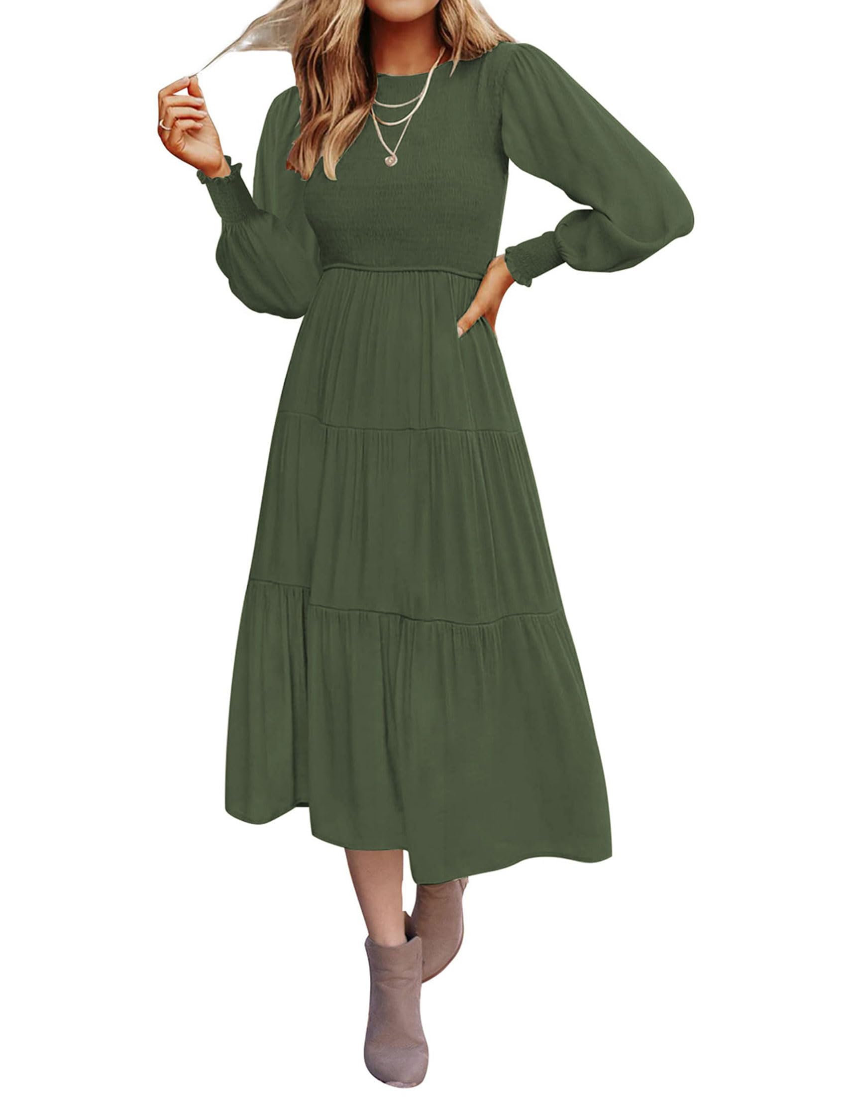 Tobrief Women's Smocked Midi Dress Fall Long Sleeve Elastic High Waist ...