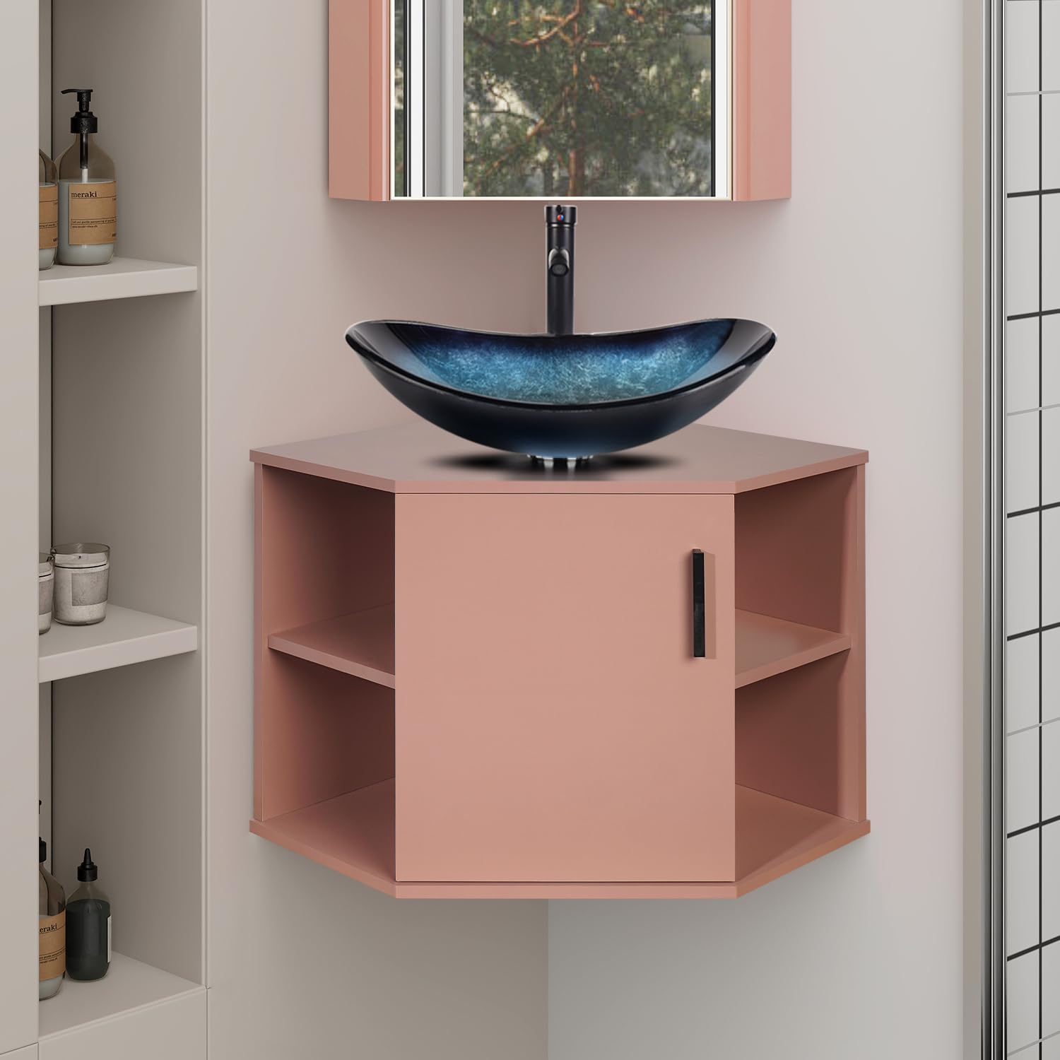 Amazon.com: SOLIDEE 28-Inch Floating Bathroom Corner Vanity with Open ...