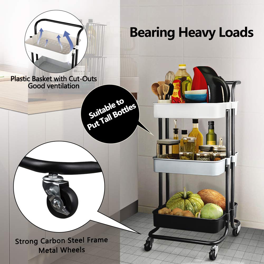 QiMH 3 Tier Rolling Storage Cart Heavy Duty Mobile Rolling Utility Cart ...