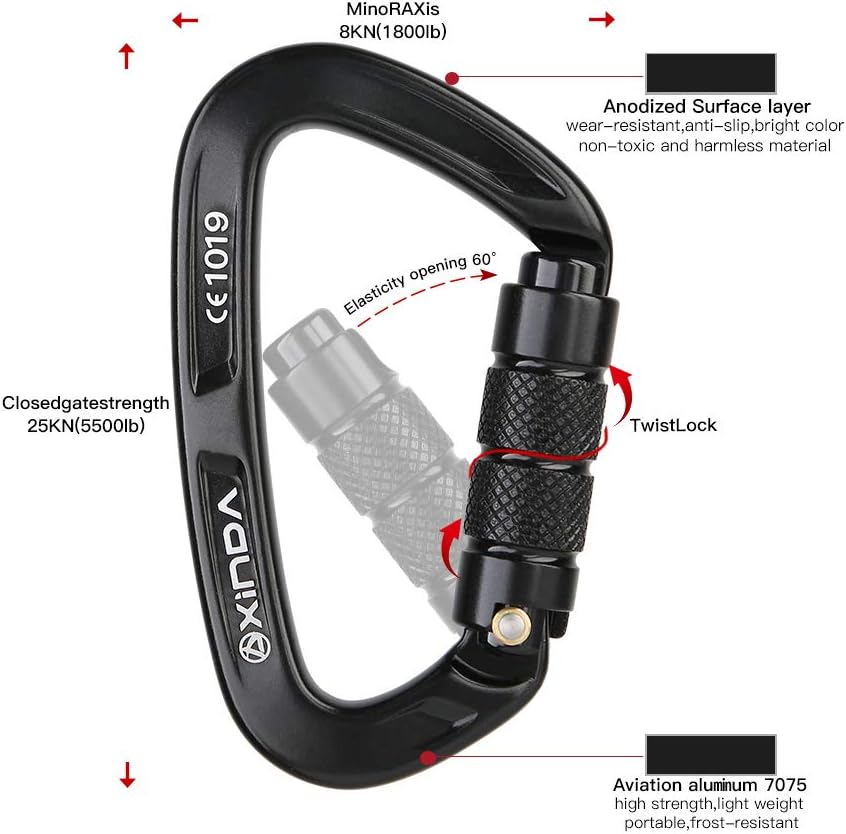 XINDA 25KN Auto Locking Climbing Carabiner – D Shaped Twist Lock Carabiner CE UIAA Certified ...