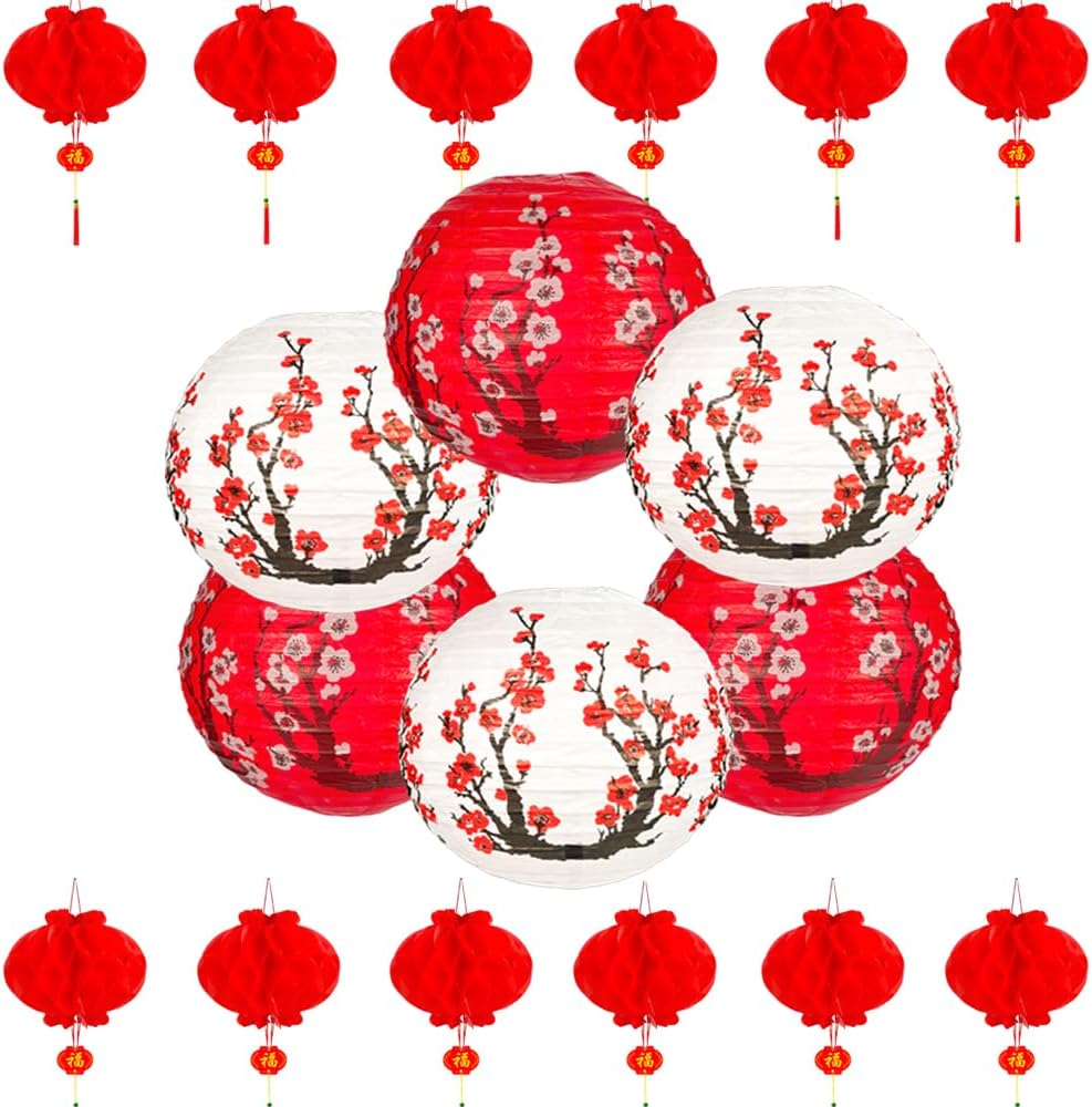 Aiminjey 26Pack Chinese Japanese Paper Lanterns Red Cherry Blossom ...
