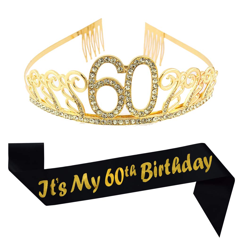 Buy 60th Birthday Gold Tiara and Sash Glitter Satin Sash and Crystal ...