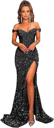 petyoo Off Shoulder Sequin Prom Dress with Slit Mermaid Sparkly Corset Long Backless Evening ...