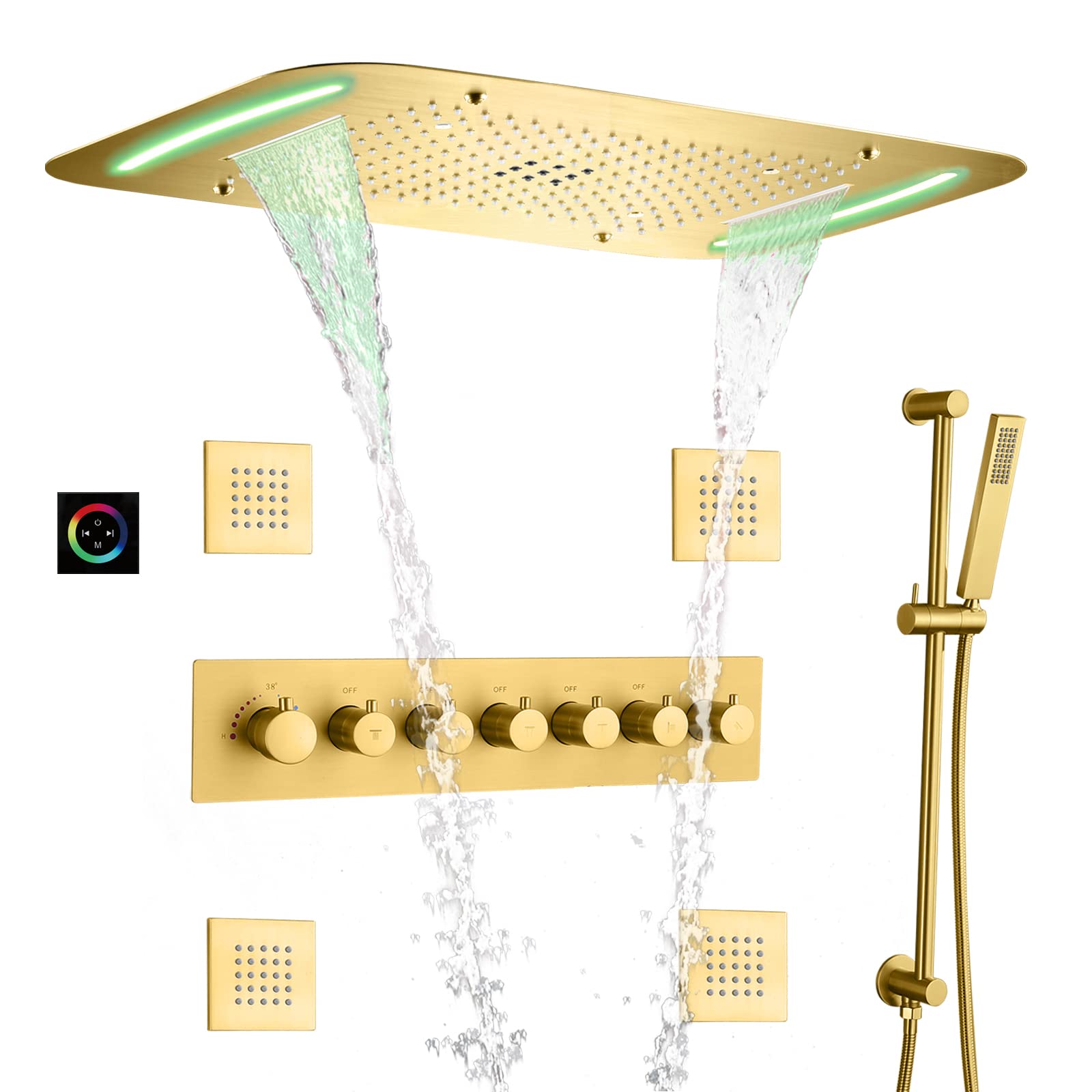 Buy Brushed Gold LED Ceiling Rain Shower Head System With Spa Body ...