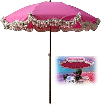 Amazon.com : 6.5 Ft Pink Beach Umbrella with Fringe, Portable Outdoor ...