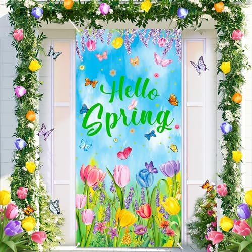 Amazon.com: Hello Spring Door Cover Tulip Spring Welcome Door Banner ...