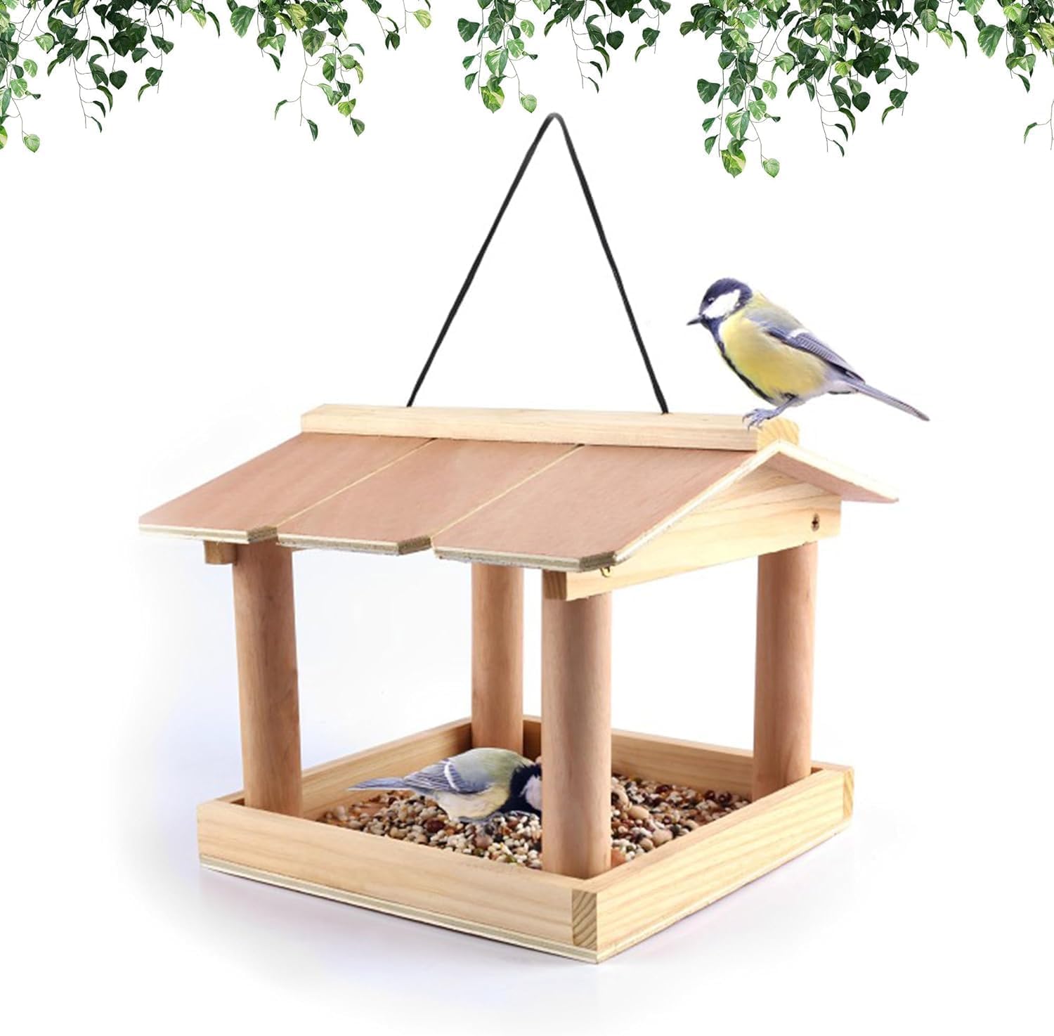 Rustic Hanging Bird Table Feeder, Weatherproof Wood, Wide Tray, Rooftop ...