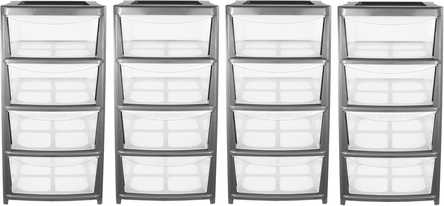 simpa Large Multipurpose Silver Plastic 4 Drawer Modular Storage Towers ...