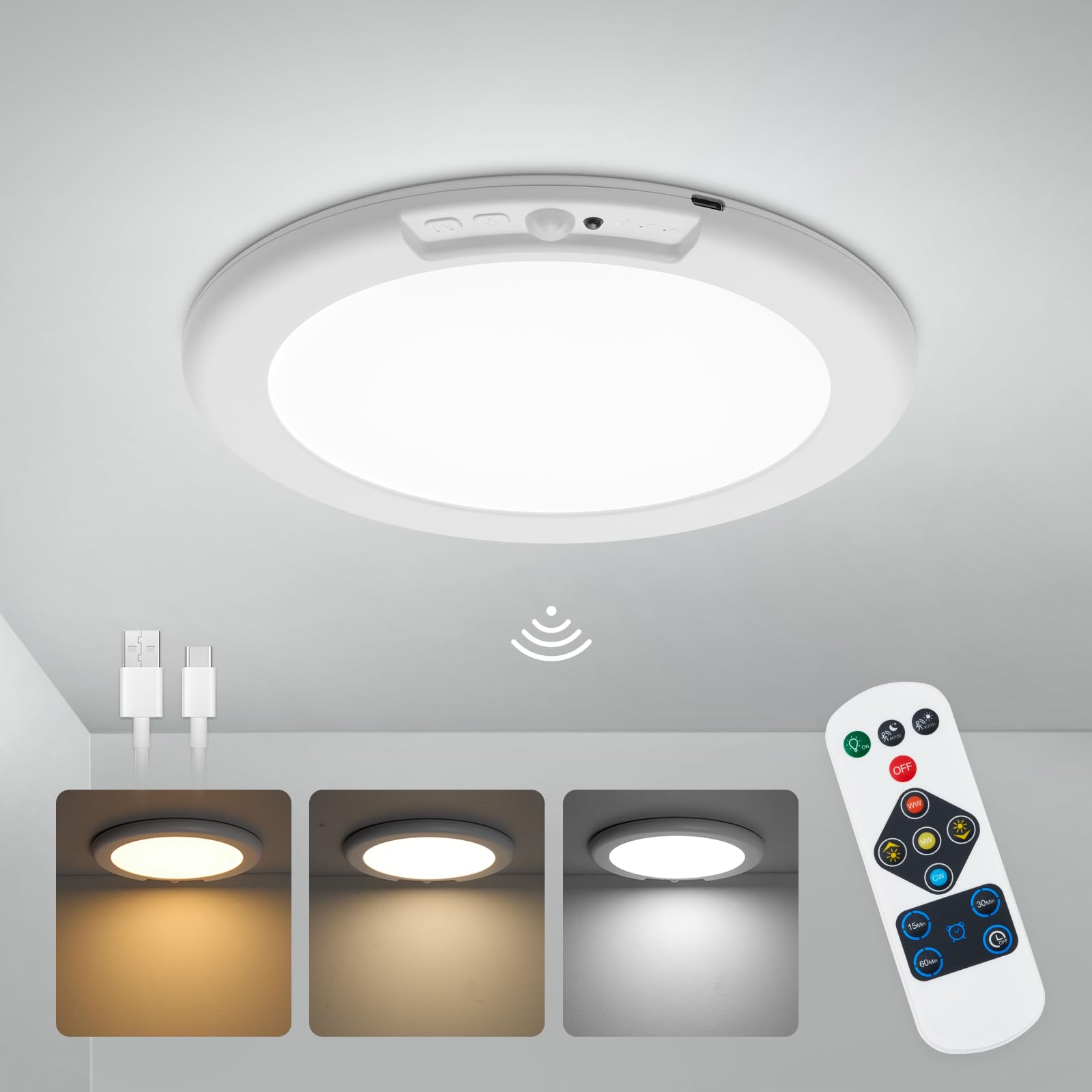 Combuh 7.48Inch Round Rechargeable Motion Sensor LED Ceiling Light ...